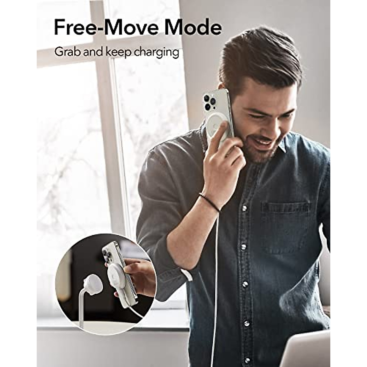 ESR HaloLock Shift Wireless Charger, Compatible with MagSafe Charger Stand, 2 Charging Modes, Detachable Fast Charging Pad, for Caseless iPhone 14/13/12 Series Phones and Magnetic Cases, White