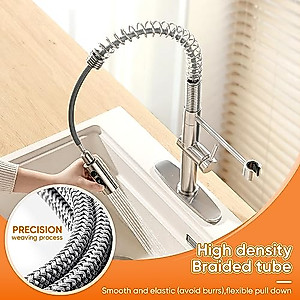 OWOFAN Pull Out Kitchen Faucet Low Lead Commercial Single Handle Pull Down Sprayer Spring Kitchen Sink Faucet Brushed Nickel Kitchen Faucets with Deck Plate 866055SN
