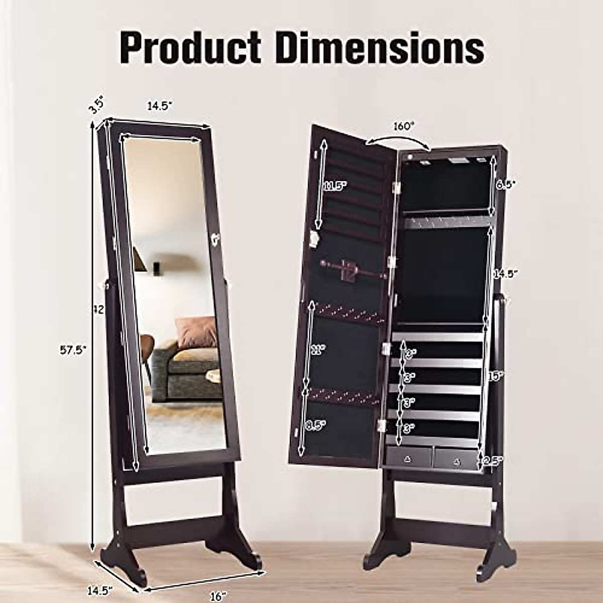 COSTWAY Standing Jewelry Cabinet Armoire, Large Storage Jewelry Organizer w/Full Length Mirror, 4 Adjustable Angles & 2 LED Lights, Lockable Mirror Jewelry Cabinet for Living Room, Bedroom, Brown
