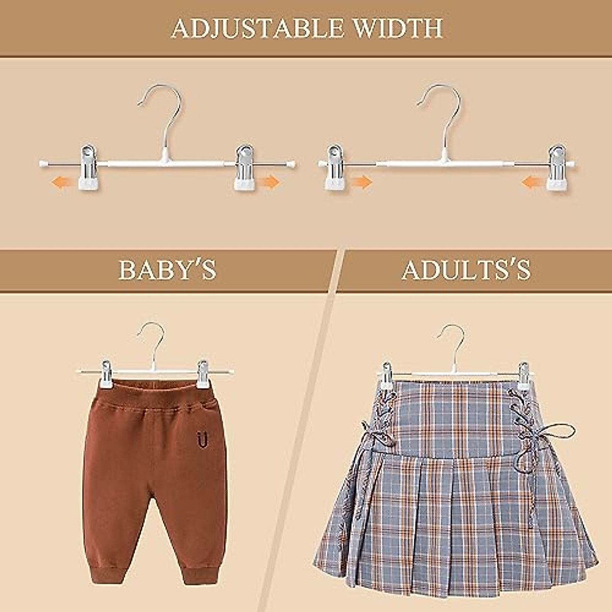 HWAJAN Pants Hangers with Clips 10 Pack Adjustable Skirt Hangers for Women Non-Slip Trousers Hanger for Jeans Clothes Hangers for Pants Heavy Duty Space Saving Shorts Hangers,White,12Inch