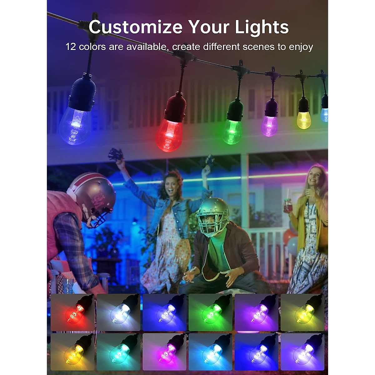 48FT Color Changing Outdoor String Lights, Commercial Grade with Music Sync Remote and 15 Shatterproof LED Edison Bulbs Dimmable Patio String for Christmas Holidays, Illuminate Your Space