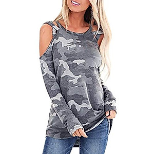 FAPIZI Women's Autumn Crew Neck Sweatshirts Off Shoulder Long Sleeve Cross Bandage Camouflage Print Tunic Tops Pullover