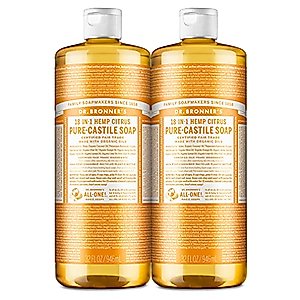 Dr. Bronner’s - Pure-Castile Liquid Soap (Citrus, 32 ounce, 2-Pack) - Made with Organic Oils, 18-in-1 Uses: Face, Body, Hair, Laundry, Pets and Dishes, Concentrated, Vegan, Non-GMO