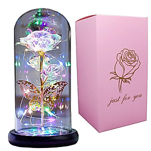 AUSAYE for Mom,Women's Gift Gold Butterfly Birthday Gifts Colorful Preserved Rose Gift Flower, Preserved Rose Flower in Glass Dome, Unique Gift for Her, Mom,Grandma