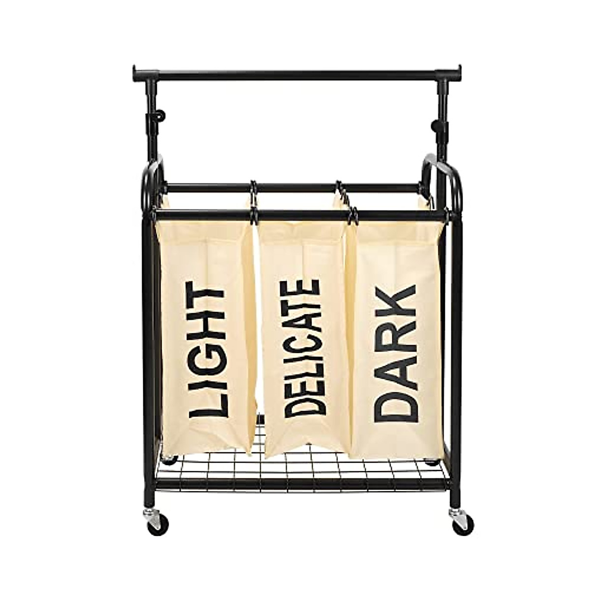 Oceanstar 3-Bag Rolling Laundry Sorter with Adjustable Hanging Bar, White