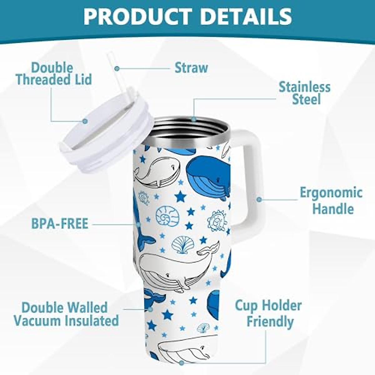 DIGTIA Stainless Steel Insulated Tumbler w/Handle & Straw, Blue White Whales Double Wall Vacuum Travel Coffee Mug Cup w/Lid, Leak-Proof Sports Ocean Water Bottle,30oz