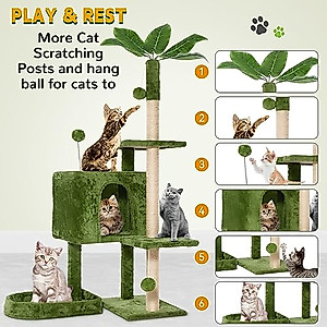 TSCOMON 52" Cat Tree Cat Tower for Indoor Cats with Green Leaves, Multi-Level Cozy Plush Cat Condo Cat House Cat Scratching Posts for Indoor Cats with Hang Ball, Home Plant Style Pet House, Green
