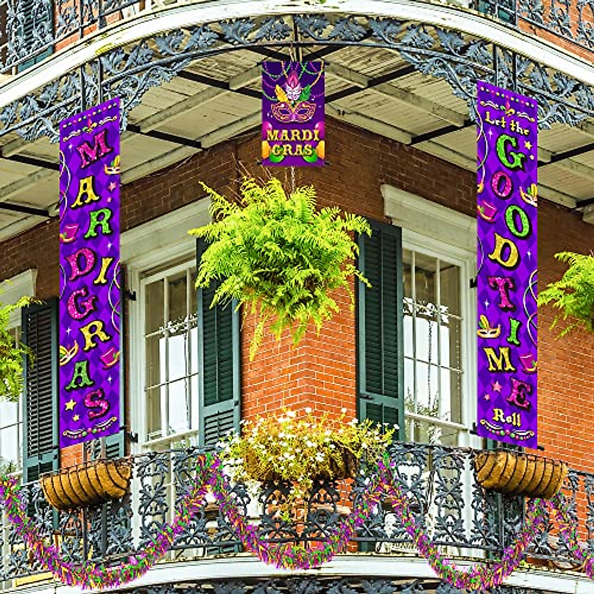 Mardi Gras Decorations, Mardi Gras Hanging Backdrop Banner, New Orleans Themed Party Welcome Porch Sign, 16.4 FT Mardi Gras Glittering Tinsel Garland, Carnival Party Wall Decor for Parade Masquerade