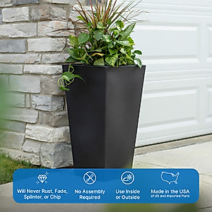 Step2 Tremont Tall Square Tapered Planter, Large Planters for Outdoor Plants, Gardening and Flower Pot for Patio or Porch, Efficient Drainage, Durable Plastic, Onyx Black, 1-Pack