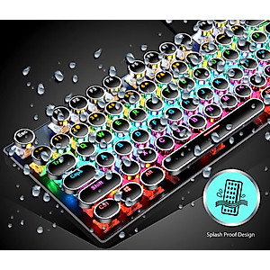 TISHLED Typewriter Style Mechanical Gaming Keyboard RGB LED Backlit 104-Key Clicky Blue Switches Retro Steampunk Round Keycaps Metal Panel Light Up Keyboard Wired USB for PC/Mac/Laptop, Black