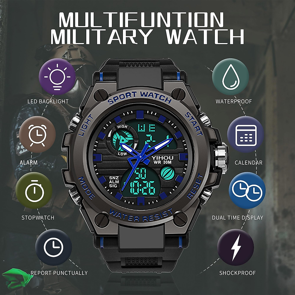 Yihou Men's Military Watch Outdoor Sports Electronic Watch Tactical Army Wristwatch LED Stopwatch Waterproof Digital Analog Watches