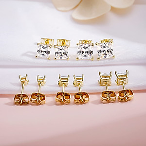 GEMSME 18K Gold Plated Princess Cut Clear Cubic Zirconia Stud Earrings Pack of 5 (gold)