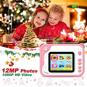 USHINING Instant Print Camera for Kids 12MP Digital Print Camera for Kids Aged 3-12 1080P Instant Camera for Kids with 32GB SD Card,Color Pens,Print Papers (Pink)