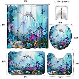 Britimes 4 Piece Shower Curtain Sets, Underwater World Dolphins Plants with Non-Slip Rugs, Toilet Lid Cover and Bath Mat, Durable and Waterproof, for Bathroom Decor Set, 72" x 72"