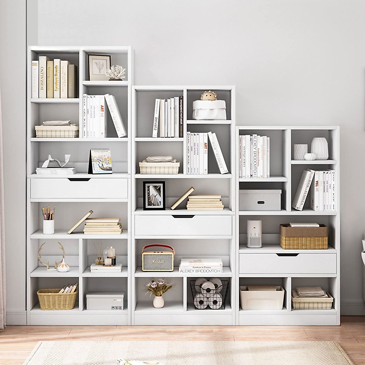 IOTXY Wooden Open Shelf Bookcase - 71 Inches Tall Freestanding Display Storage Cabinet Organizer with 10 Cubes and a Drawer, Floor Standing Bookshelf in Warm White
