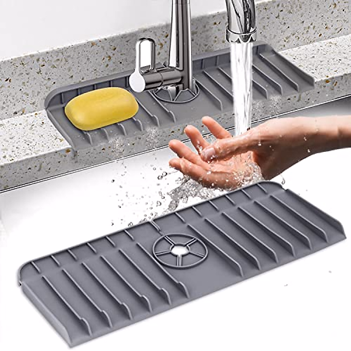 Actoridae Sink Faucet Mat sink drip catcher behind faucet 2mm Thick Stable Flat Suit for Kitchen Bathroom 2.5" Single Sink Grey updated Angle Design