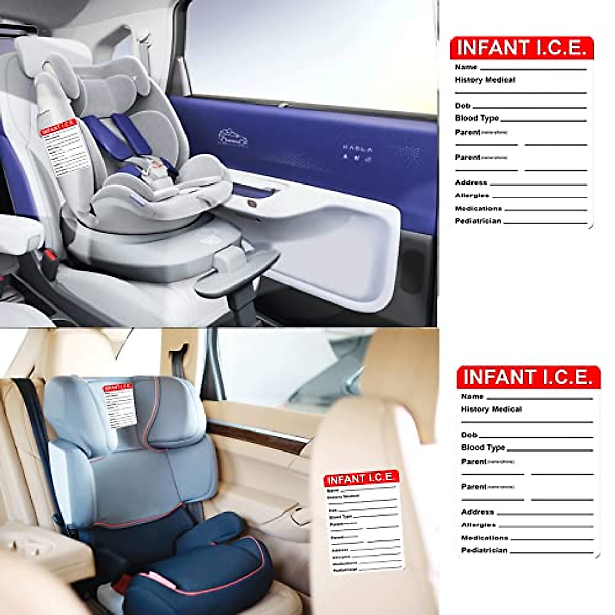25 Pcs Infant I.C.E.(in Case of Emergency) Car Seat Sticker Safety Information 3 x 4 Inch Child Emergency Identification Contact Car Seat Stickers - Kids Car Seats Alert Attachment Tag Safety Decals