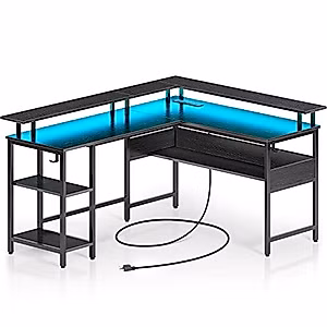 Rolanstar Computer Desk L Shaped with LED Strip & Power Outlets, Reversible L Shaped Computer Corner Desk with Monitor Stand, Home Office Gaming Desk with USB Port&Hook, Black
