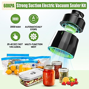 Electric Mason Jar Vacuum Sealer Kit, Jar Vacuum Sealer for Canning Jars - 3 in 1 Vacuum Sealer Compatible with Wide & Regular Mason Jars/Vacuum Bags/Seal Containers for Food Storage (Black)