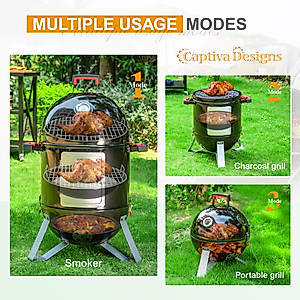Captiva Designs 18-inch Vertical Charcoal Smoker Grill with Porcelain-Enameled Smoking Chamber, Wood Mountain Smoker for Meat Turkey and BBQ, with Built-in Thermometer