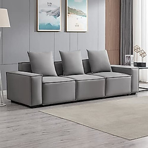 Mixoy Luxury 105" Upholstered Modular Sectional Sofa, 3-Seater Modern Leathaire Minimalist Sofa Couch with 3 Pillows & Super Size Deep Seat, (Light Grey)