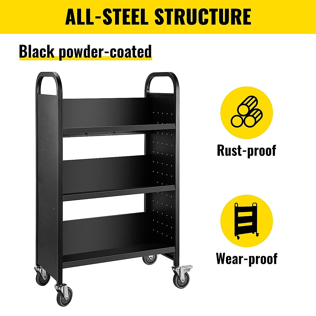 VEVOR Book Cart, 200LBS Library Cart, Single Sided V-Shaped 30x14x49 Inch Rolling Book Cart, Sloped Shelves with 4 Inch Lockable Wheels for Home Shelves Office and School Book Truck in Black