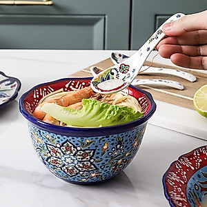 HonHeam Ceramic Soup Spoons Set, Bohemian Porcelain Rice Spoons, Colorful Glaze Flower Pattern Tableware Spoons Set of 4