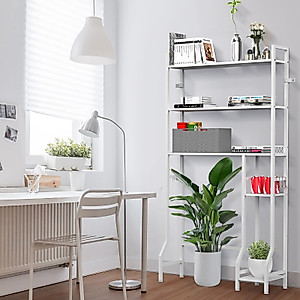 NOVIMANGO Over The Toilet Organizer White, Bathroom Space Saver Over Toilet, 5-Tier Bathroom Over Toilet Storage, Above Toilet Stand with 4 Hooks for Restroom, Laundry