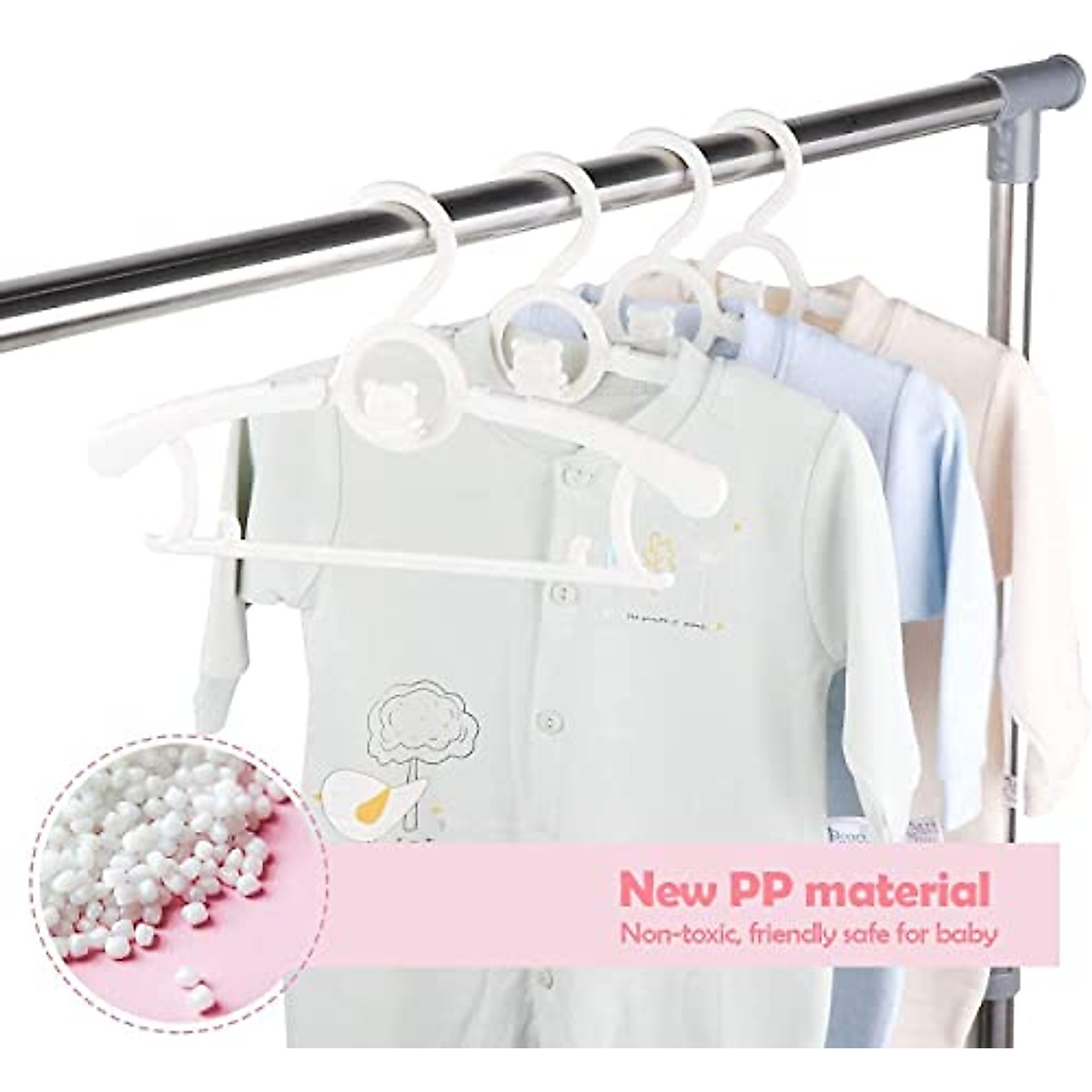 HGYZE Baby Hangers for Closet 20pcs, White Kids Clothes Hanger Plastic, 11-14" Adjustable Bulk Perchas for Newborn, Non-Slip Children Outfit Bear Hanger for Girl Boy Toddler Infant Nursery Clothing