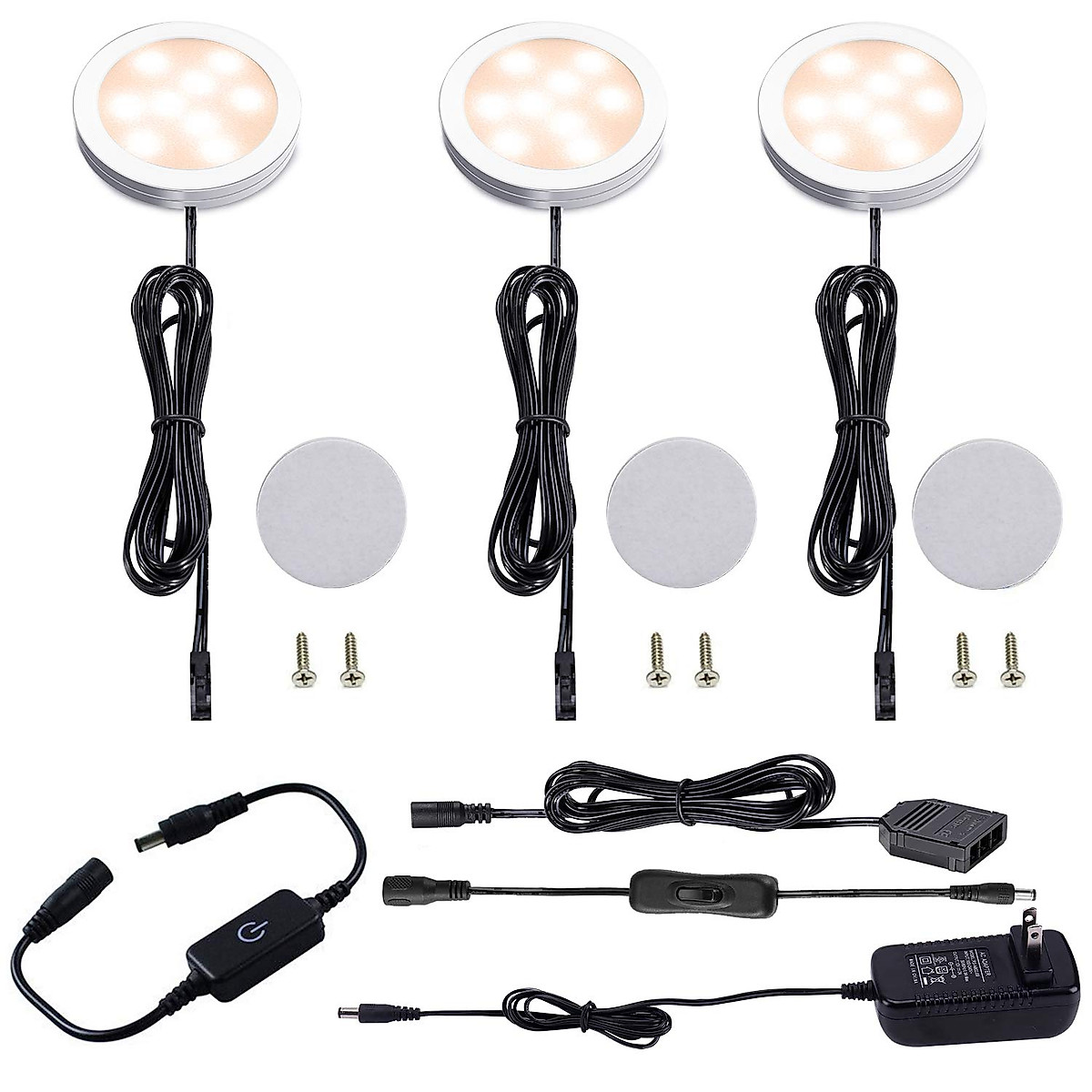 AIBOO Under Cabinet LED Puck Lighting Kit Black Cord with Touch Dimmer Switch for Kitchen Showcase Cupboard Closet Lighting 3 Lights 6W (Warm White)