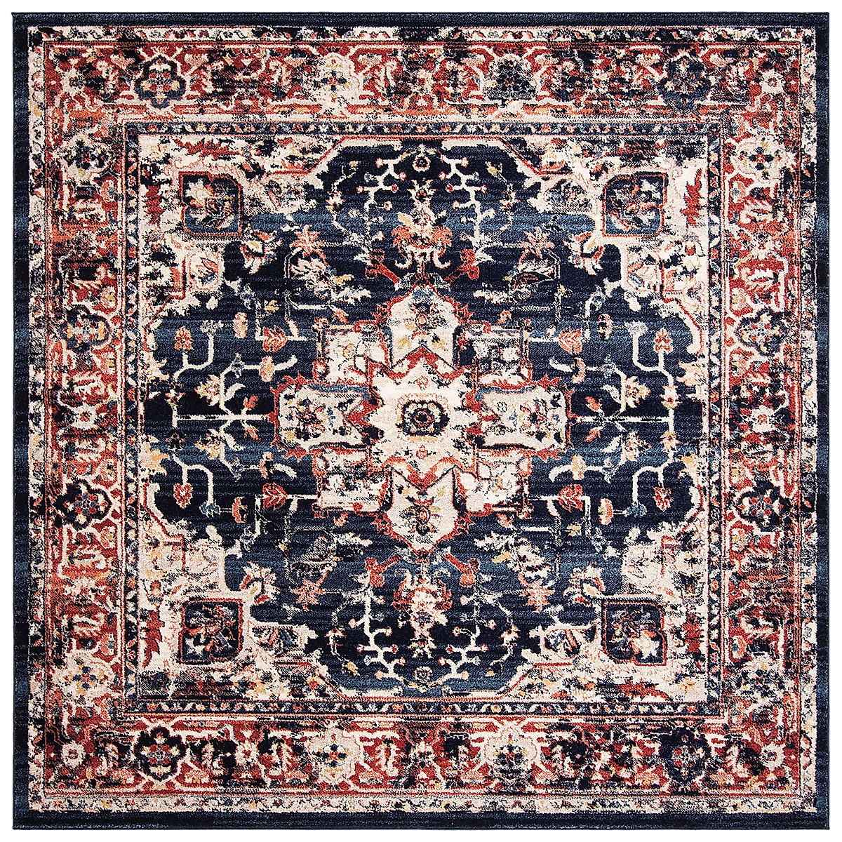 SAFAVIEH Charleston Collection 6'7" Square Navy / Red CHL411L Oriental Distressed Non-Shedding Living Room Bedroom Area Rug