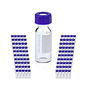ALWSCI 2 ml Clear Autosampler Vial, HPLC Vial with Writing Area, 9-425 Screw Cap, 9 mm Blue PTFE & White Silicone Liner, 100pcs/pk