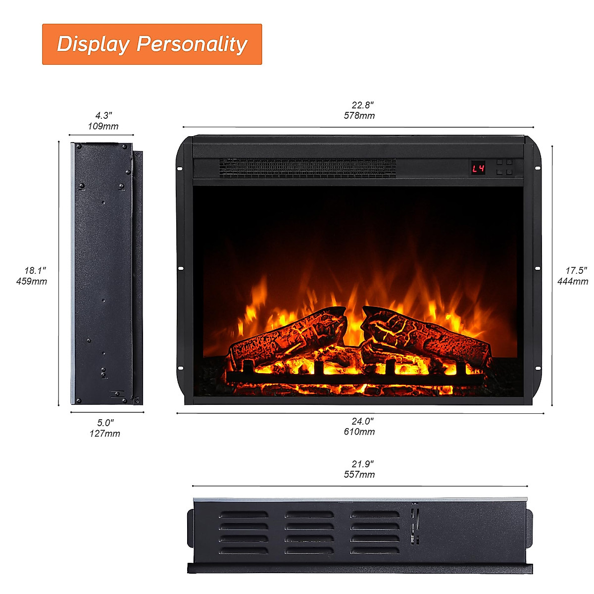 WAMPAT 23" Electric Fireplace Insert, Wall Mounted and TV Stand Cabinet Recessed Fireplace Heater with Remote & Panel Control, 4 Flame Brightness, 8H Timer, Overheating Protection, 1400W