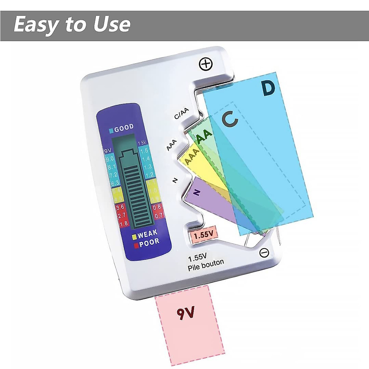 Yakamoz Universal Battery Tester Hand Held Battery Checker Household Battery Life Tester for AAA AA C D 9V 1.5V Button Cell Small Mini Batteries Power Testing