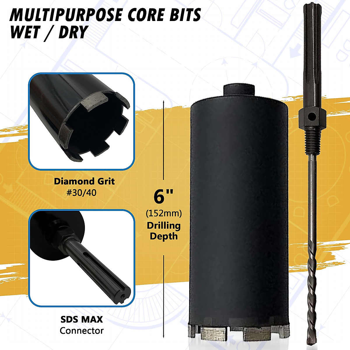 4-1/4" Dry/Wet Multipurpose Core Bit for Masonry, Concrete, and Natural Stone, 6" Drilling Depth, SDS Max Pilot Bit Adapter with 5/8"-11 Arbor
