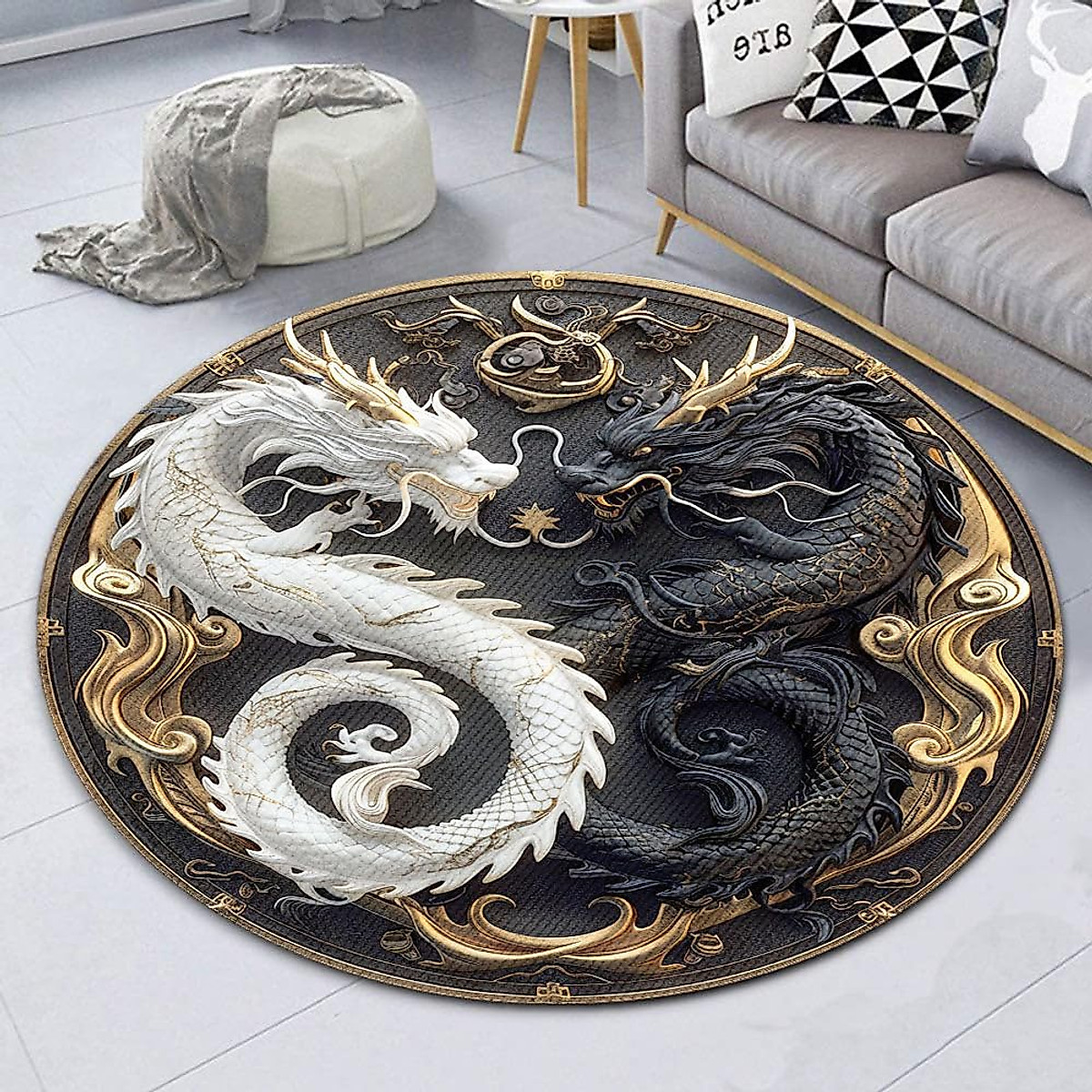 Personalized 3D Yin Yang Asian Dragon Element Area Rug, Anti-skid Lounge Mat, Indoor Decorative Throw Carpet, Suitable for Leisure Area Bedside Accessories Cloakroom, White and Black Dragon -3