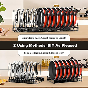 Housolution Pot and Pan Organizer Rack for Cabinet, Expandable Pot Lid Organizer Holder with 14 Adjustable Dividers, Pan Organization and Storage Lid Organizer Rack Pots and Pans for Cabinet, Black