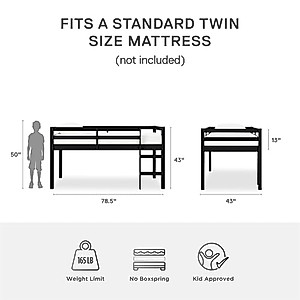 DHP Milton Twin Loft Bed with Safety Guard Rail, Black, Space Saving Junior Size, Pine Wood