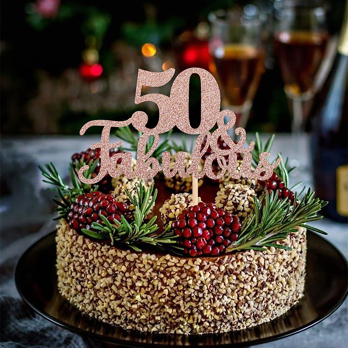 1 PCS 50 & Fabulous Cake Topper Glitter Fifty and Fabulous Cake Toppers Happy 50th Birthday Cake Pick for 50th Wedding Anniversary Birthday Party Cake Decorations Supplies Rose Gold