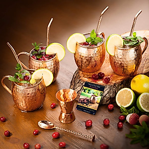 Moscow Mule Copper Mugs | Set of 4 Hammered Cups | 100% HANDCRAFTED Pure Solid Copper | Gift Set With Cocktail Straws | Shot Glass | Coasters | Copper Stirrer & Beer opener By Copper-Bar