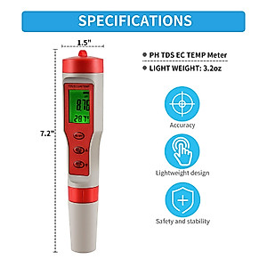 iPower pH Meter Digital Water Lab TDS Tester with EC/Temp Function 4-in-1 ±0.1 High Accuracy for Drinking Water, Pool, Aquarium, Pond, Beer Brewing