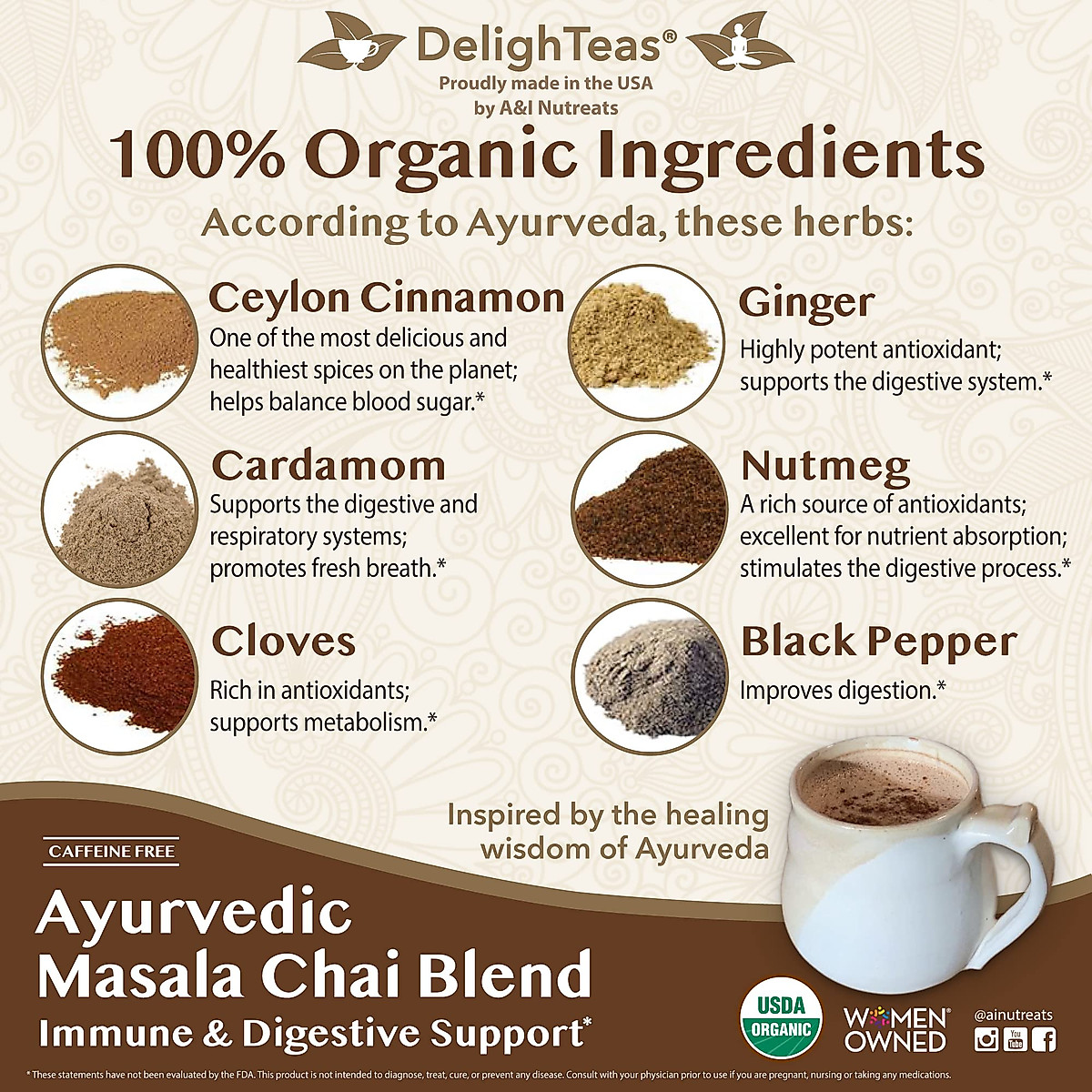 DelighTeas Organic Masala Chai Powder and Herbal Coffee Bundle - Caffeine Free, Unsweetened, Vegan, Keto, USDA Organic