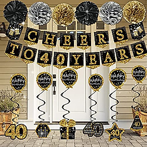 40th birthday decorations for men - (21pack) cheers to 40 years black gold glitter banner for women, 6 paper Poms, 6 Hanging Swirl, 7 decorations stickers. 40 Years Old Party Supplies gifts for men