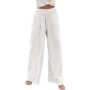 JIELAFIC Linen Pants for Women Wide Leg Elastic High Waisted Palazzo Pants Lounge Yoga Trousers Beach Pants with Pockets (A#White,XL)