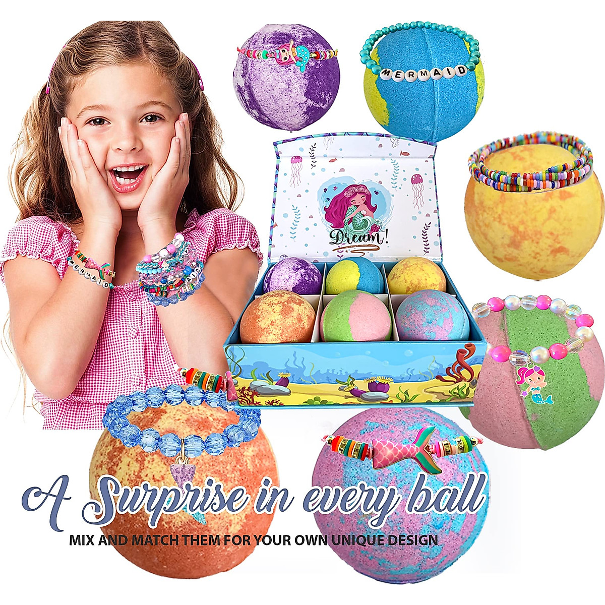 Mermaid Bath Bombs for Girls with Jewelry Inside Plus Jewelry Box for Kids. All Natural and Organic - Easter Basket for Girls Bath Bombs, Skin moisturizing Bubble Bath Fizzies with Surprise Toys