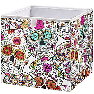 visesunny Rectangular Shelf Basket Sugar Skull with Flower Clothing Storage Bins Closet Bin with Handles Foldable Rectangle Storage Baskets Fabric Containers Boxes for Clothes,Books,Toys,Shelves,Gifts