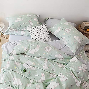 BlueBlue Rabbit Kids Duvet Cover Set, 100% Cotton Bedding for Boys Girls Teens Single Bed, Cartoon White Rabbit Flower Pattern Print on Light Green, 1 Comforter Cover 2 Pillowcase (Twin, Cute Rabbit)