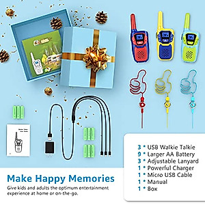 Walkie Talkies for Kids Adults Long Range Rechargeable 3 Pack, Drop Proof Walkie Talkies Toys Gifts for Girls Boys Age 3 5 6 8 9 12, USB Walkie Talkies for Outdoor Indoor Play Camping Birthday Party