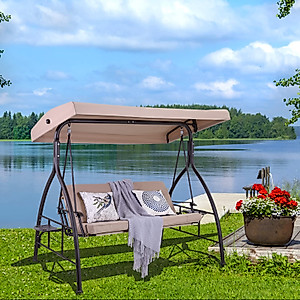 PHI VILLA 3-Seat Porch Swing with Canopy,Outdoor Swing with Retractable Side Table and Removable Cushion,Patio Swing Chair/Bench for Porch, Garden, Poolside, Balcony&Backyard,Alloy Steel Frame,Brown