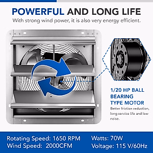 iPower 14 Inch Shutter Exhaust Fan Aluminum High Speed 1600RPM, 2000 CFM, Silver, with Adjustable Programmable Thermostat